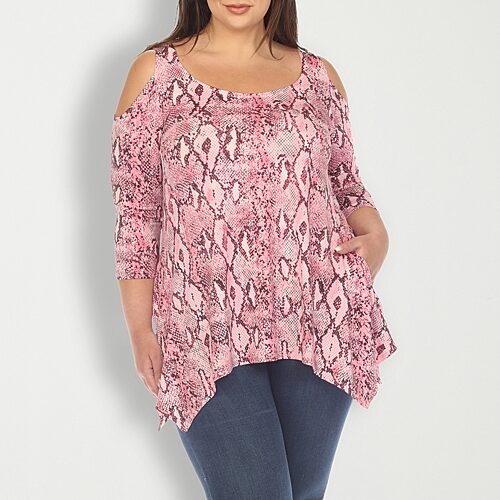 White Mark Plus Size Snake Print Cold Shoulder Tunic Top - Pink