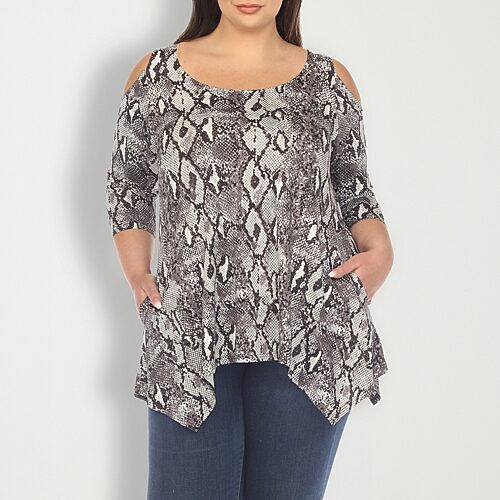 White Mark Plus Size Snake Print Cold Shoulder Tunic Top - White