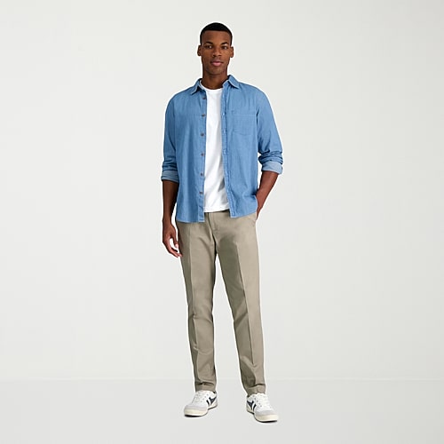 Haggar Wrinkle Free Performance Khaki Mens Comfort Waistband Slim Fit Flat Front Pant  38 30  Beige