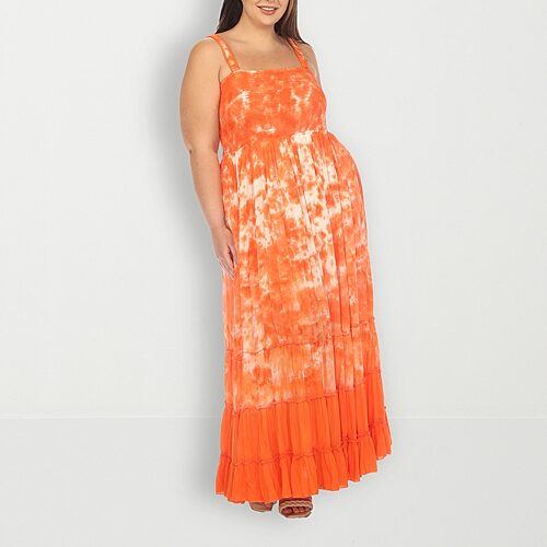 White Mark Plus Size Smocked Ruffle Maxi Dress - Orange