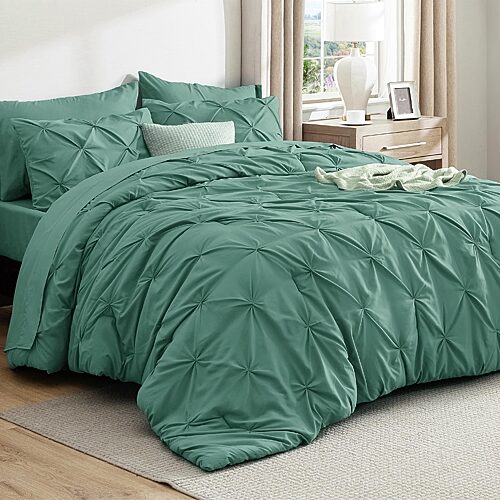 Bedsure Bedding Sets With Sheets-Solid Pintuck Comforter Set  One Size  Green
