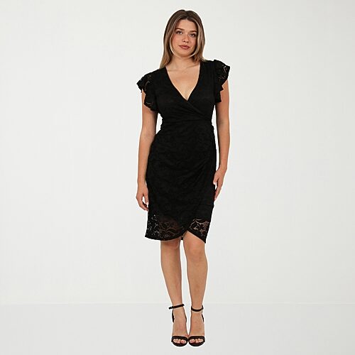 24seven Comfort Apparel Womens Lace V-Neck Flutter-Sleeve Faux Wrap Midi Dress - Black