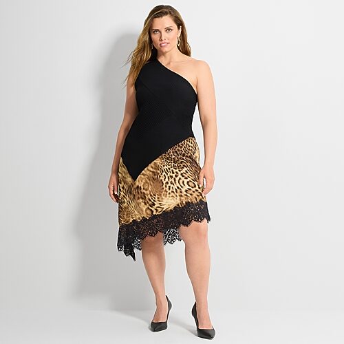 Click here for Ashley Graham Womens Plus Asymmetric Lace Trimmed... prices