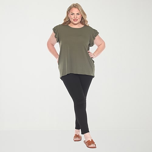 White Mark Plus Size Ruffled Sleeve Solid Top - Olive