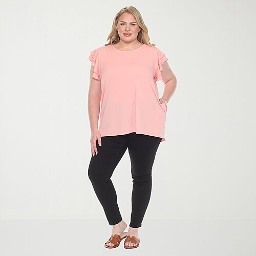 White Mark Plus Size Ruffled Sleeve Solid Top - Pink
