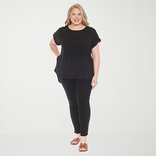 White Mark Plus Size Folded Short Sleeve Solid Top - Black