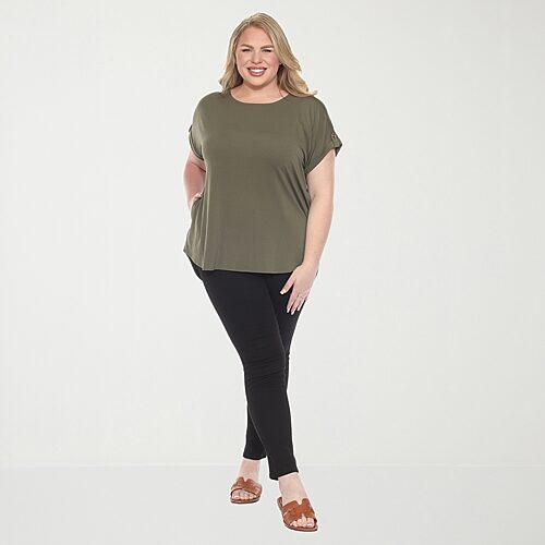 White Mark Plus Size Folded Short Sleeve Solid Top - Olive
