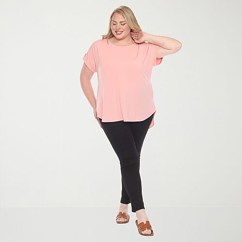White Mark Plus Size Folded Short Sleeve Solid Top - Pink