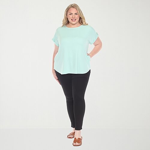 White Mark Plus Size Folded Short Sleeve Solid Top - Turquoise