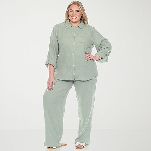 Click here for White Mark Plus Size Long Sleeve Button Down Cotto... prices