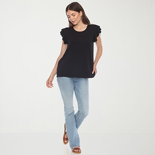 White Mark Womens Ruffle Sleeve Solid Top - Black