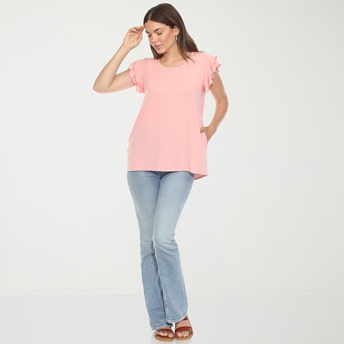 White Mark Womens Ruffle Sleeve Solid Top - Pink Tie Dye