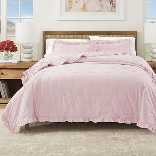Click here for Linery Dot-Stitched Ruffled Easy Care Quilt Set  O... prices