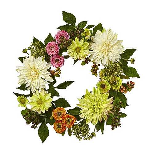 Click here for Nearly Natural 22 Dahlia Mum Wreath Artificial Flo... prices