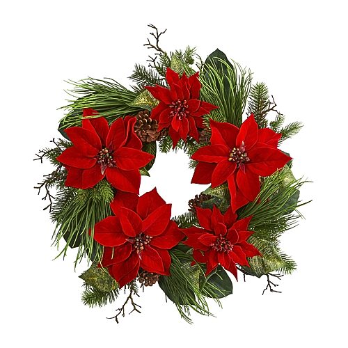 Click here for Nearly Natural 28â Poinsettia And Pine Wreath Wr... prices