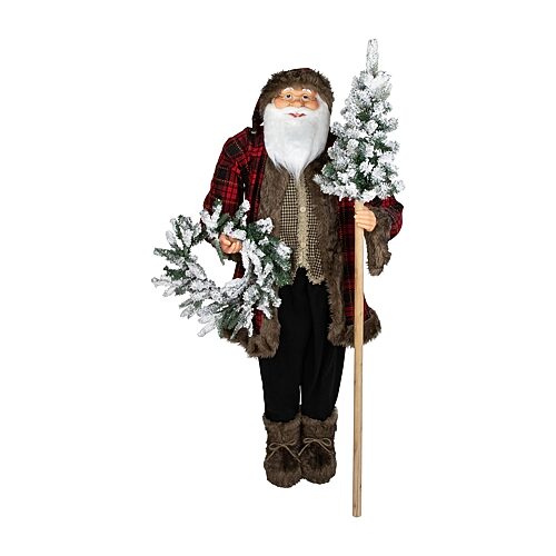 60 Santa Claus with Flocked Alpine Tree and Wreath Standing Christmas Figure  One Size  Red
