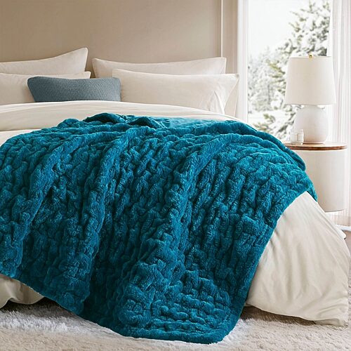 Madison Park Ruched Reversible Faux-Fur Throw  50 x 60 - Teal