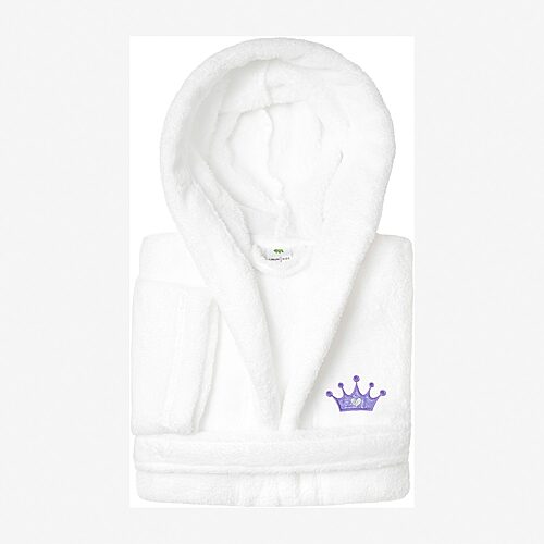 Linum Home Kids Crown Super Plush Double Brushed Hooded Bathrobe - White/Purple