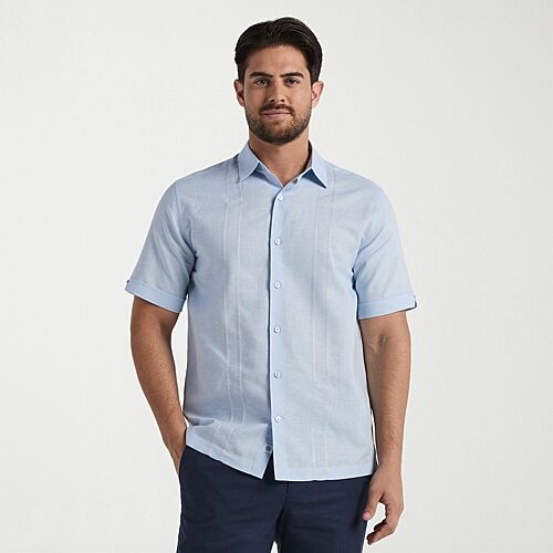 Cubavera Mens Short Sleeve Panel Button-Front Linen Camp Shirt - Clear Sky