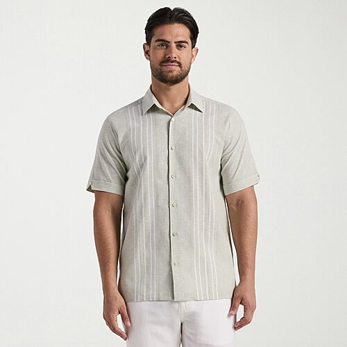 Cubavera Mens Linen Blend Dobby Panel Shirt - Smoke Green