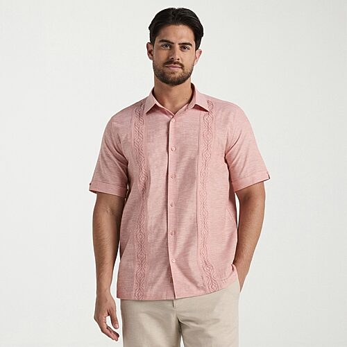Cubavera Mens Embroidered Linen Blend Shirt - Brandied Linen