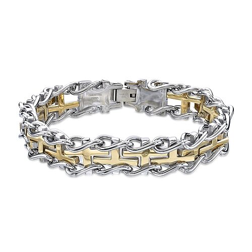 Click here for Mens Stainless Steel and Gold Ion Plated Cross Lin... prices