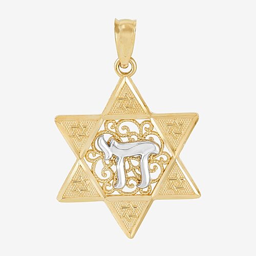 Click here for 14K Two-Tone Gold Star Of David With Chai Charm Pe... prices