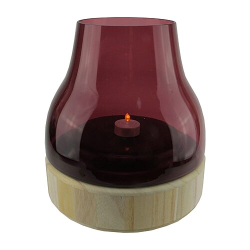9.75 Merlot Colored Glass Pillar Candle Holder with Wooden Base  One Size  Purple