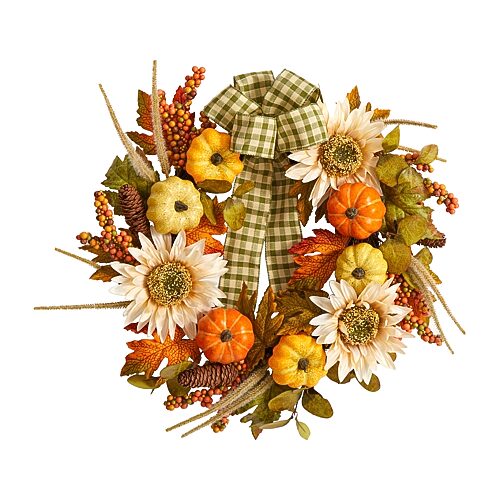 Click here for Nearly Natural 24 Fall Pumpkin Sunflower Faux Wrea... prices