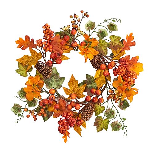 6.5 Autumn Hydrangea and Pinecones Artificial Wreath Set  2 Piece - Orange