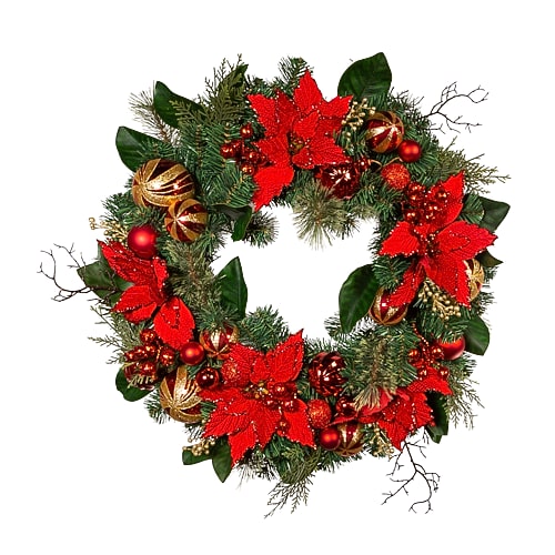 Click here for Kurt Adler 30 Inch Unlit Red & Gold Poinsettia Wre... prices
