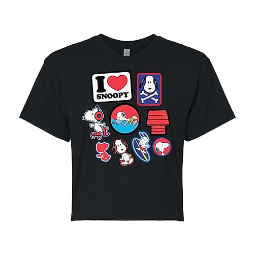 Click here for Peanuts Snoopy Patches Tee Womens Juniors Crew Nec... prices