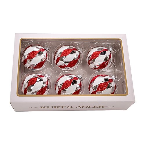 Click here for Kurt S. Adler 80mm Glass Red White & Silver 6pc. B... prices