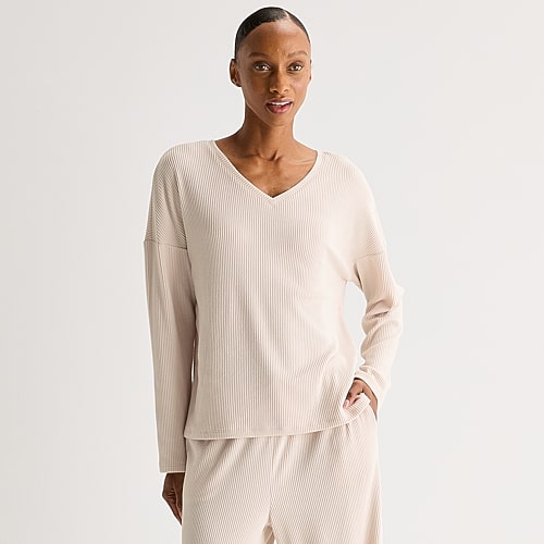 Ambrielle Womens Rib V Neck Long Sleeve Pajama Top  X-large  Brown