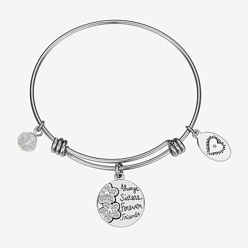 Footnotes Sister Womens Crystal Stainless Steel Flower Round Bangle Bracelet  One Size