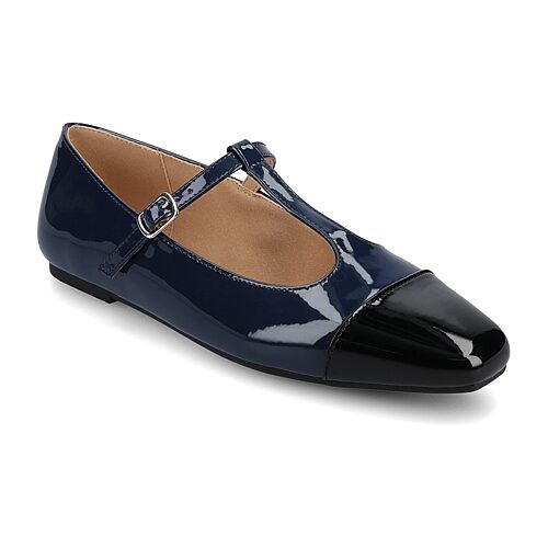 Journee Collection Womens Theah T-Strap Cap Toe Mary Jane Flats - Navy Patent
