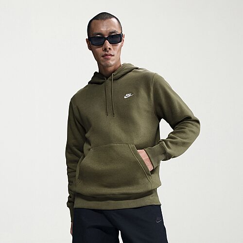 Nike Club Mens Pullover Fleece Logo Hoodie - Medium Olive/White