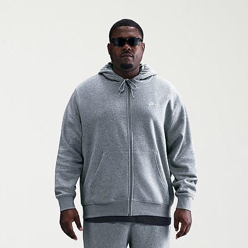 Nike Mens Club Fleece Embroidered Premium Full-Zip Hoodie in Dark Grey Heather/Light Smoke Grey/White Size: 3XL