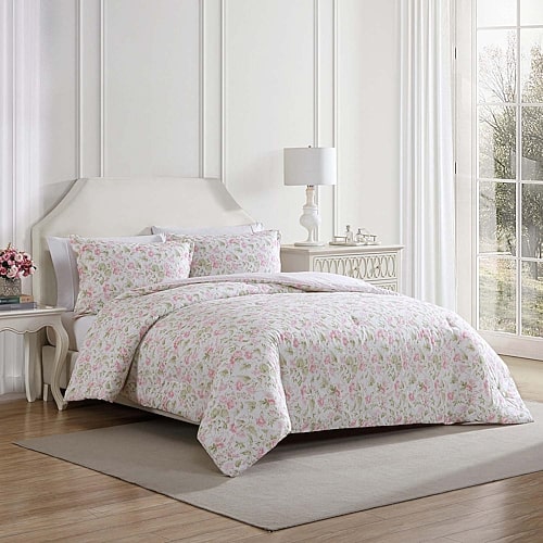 Laura Ashley Morning Gloria Reversible 3 Piece Comforter Set  King - Pretty Pink/Green