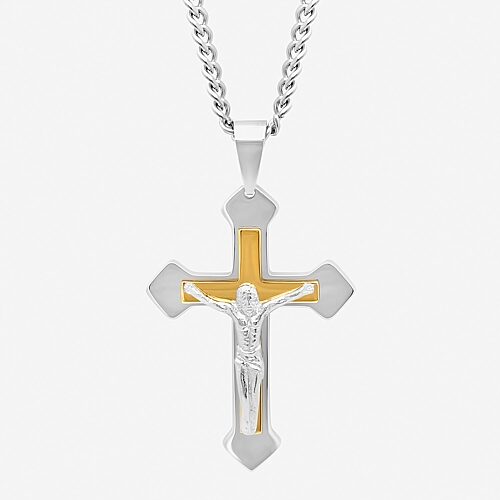 Click here for Mens Two-Tone Stainless Steel Crucifix Pendant Nec... prices