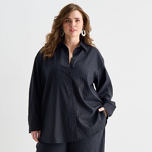 Click here for Ashley Graham Pinstripe Womens Plus Long Sleeve Re... prices