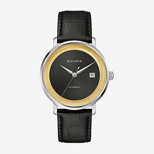 Bulova Mens Classic Frank Sinatra Rat Pack Automatic Black Leather Strap Watch 40mm - Black