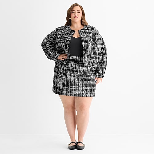 Ashley Graham Tweed Womens Plus Regular Fit Boucle Suit Jacket  28w  Black