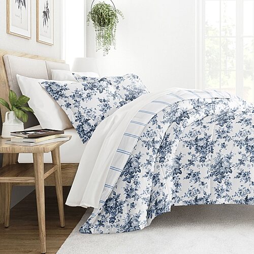 ienjoy Home Bedding Bundle Patterned 7-Piece Comforter Set  Full - Cabbage Rose Stripe Stone