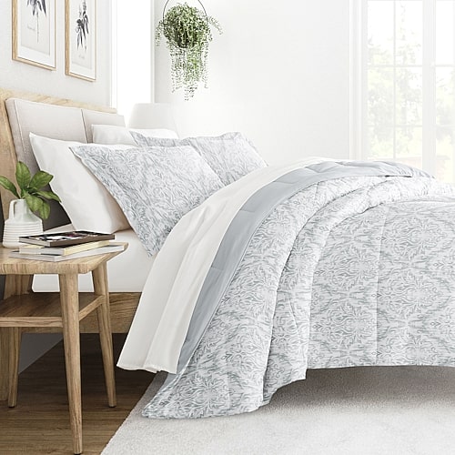 ienjoy Home Bedding Bundle Patterned 7-Piece Comforter Set  California King - English Countryside Light Gray