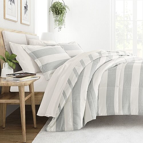 ienjoy Home Bedding Bundle Patterned 7-Piece Comforter Set  Full - Distressed Stripe Light Blue