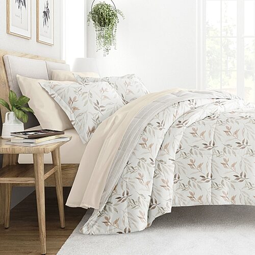 ienjoy Home Bedding Bundle Patterned 7-Piece Comforter Set  King - Foliage Stripe Ivory