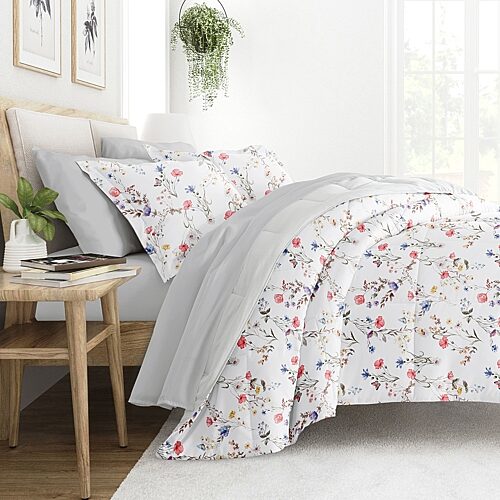 ienjoy Home Bedding Bundle Patterned 7-Piece Comforter Set  King - Meadow Floral Stripe Pink