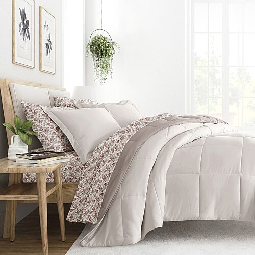 ienjoy Home Bedding Bundle Reversible Pattern 7-Piece Comforter Set  Full - Blooming Floral Natural  Latte