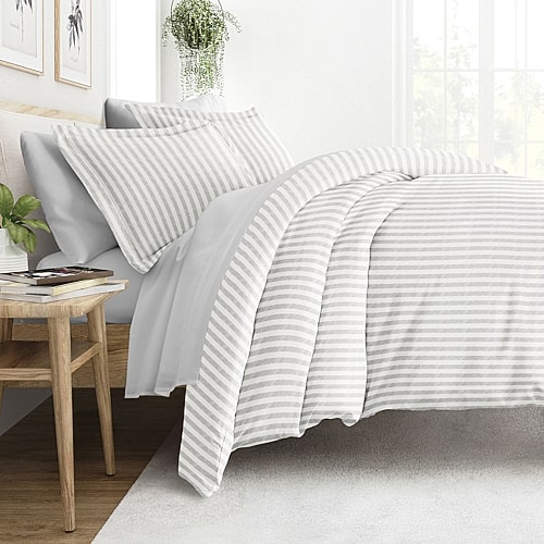 ienjoy Home Bedding Bundle Patterned 8-Piece Comforter with Duvet Cover Set  Full - Puffed Rugged Stripes Light Gray